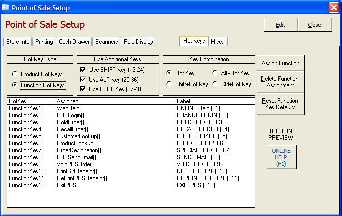 POS Setup - Hot Keys Tab