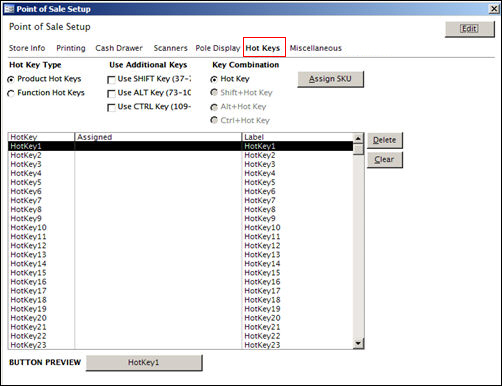 POS Setup - Hot Keys Tab